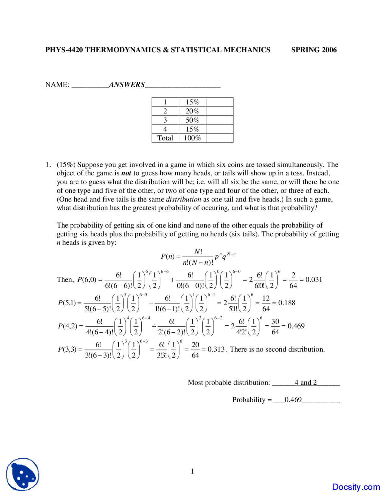 Second Distribution - Thermodynamics and Statistical Mechanics - Solved Exam - Docsity