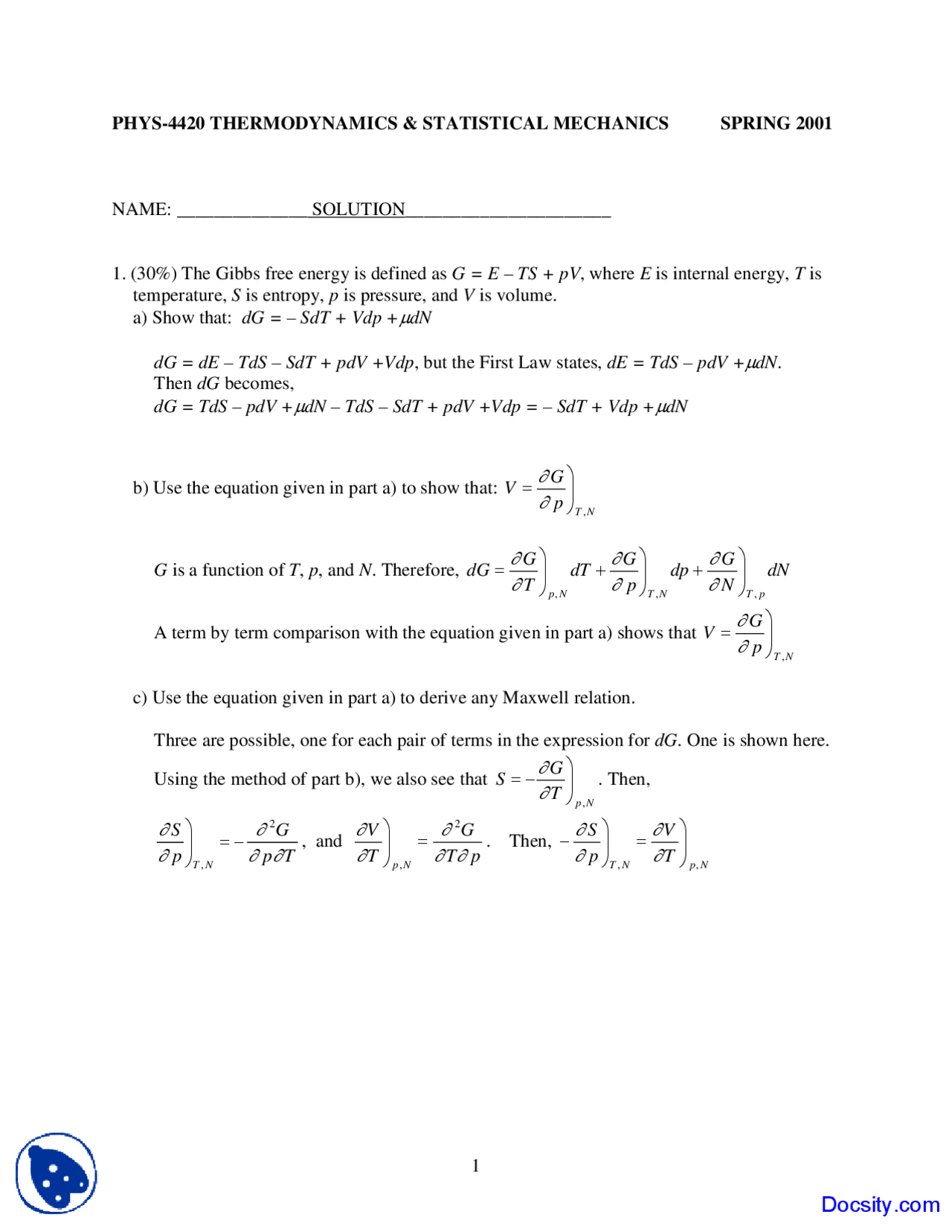 Gibbs Free Energy - Thermodynamics and Statistical Mechanics - Solved Exam - Docsity