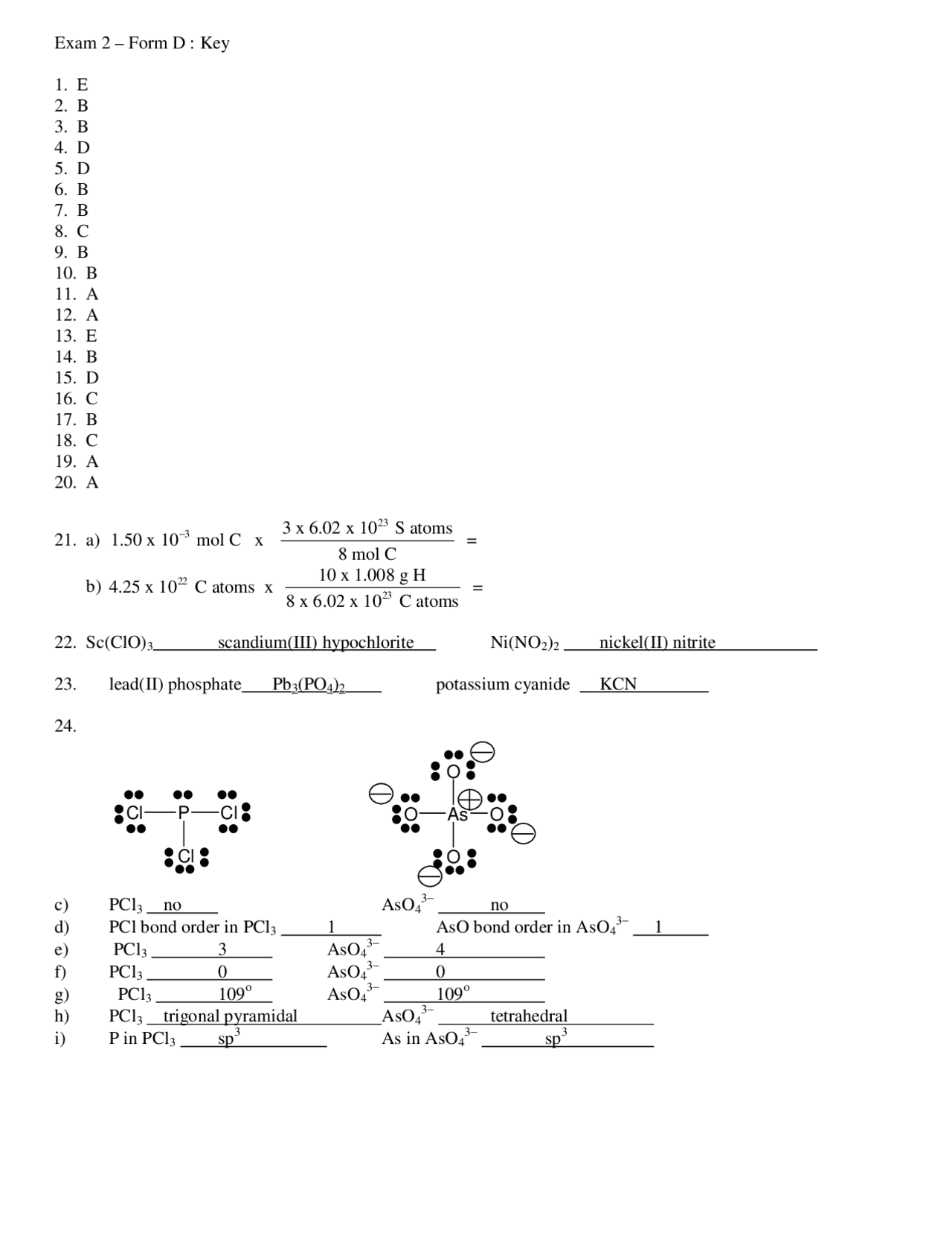 Exam 2D Answer Key | Chemistry - A Molecular Science | CH 101 - Docsity