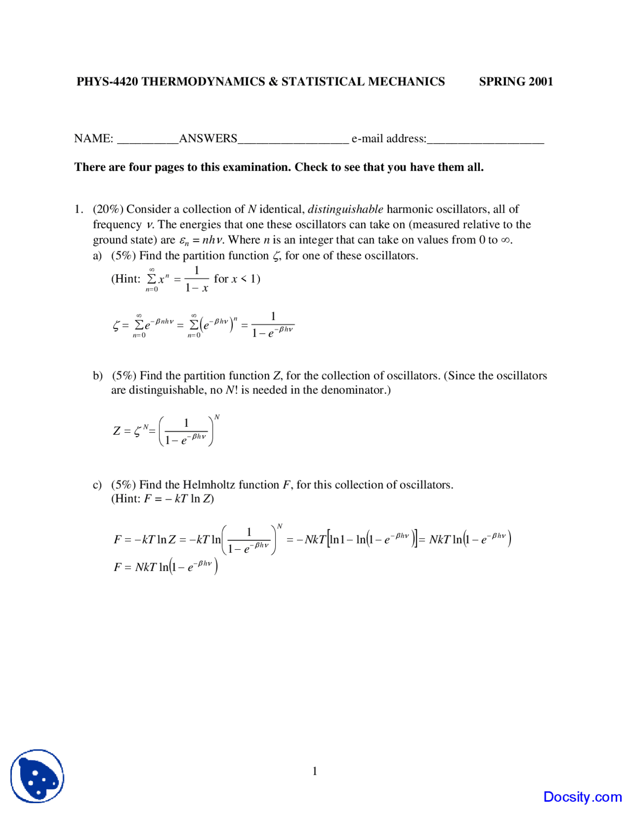 Partition Function - Thermodynamics and Statistical Mechanics - Solved ...