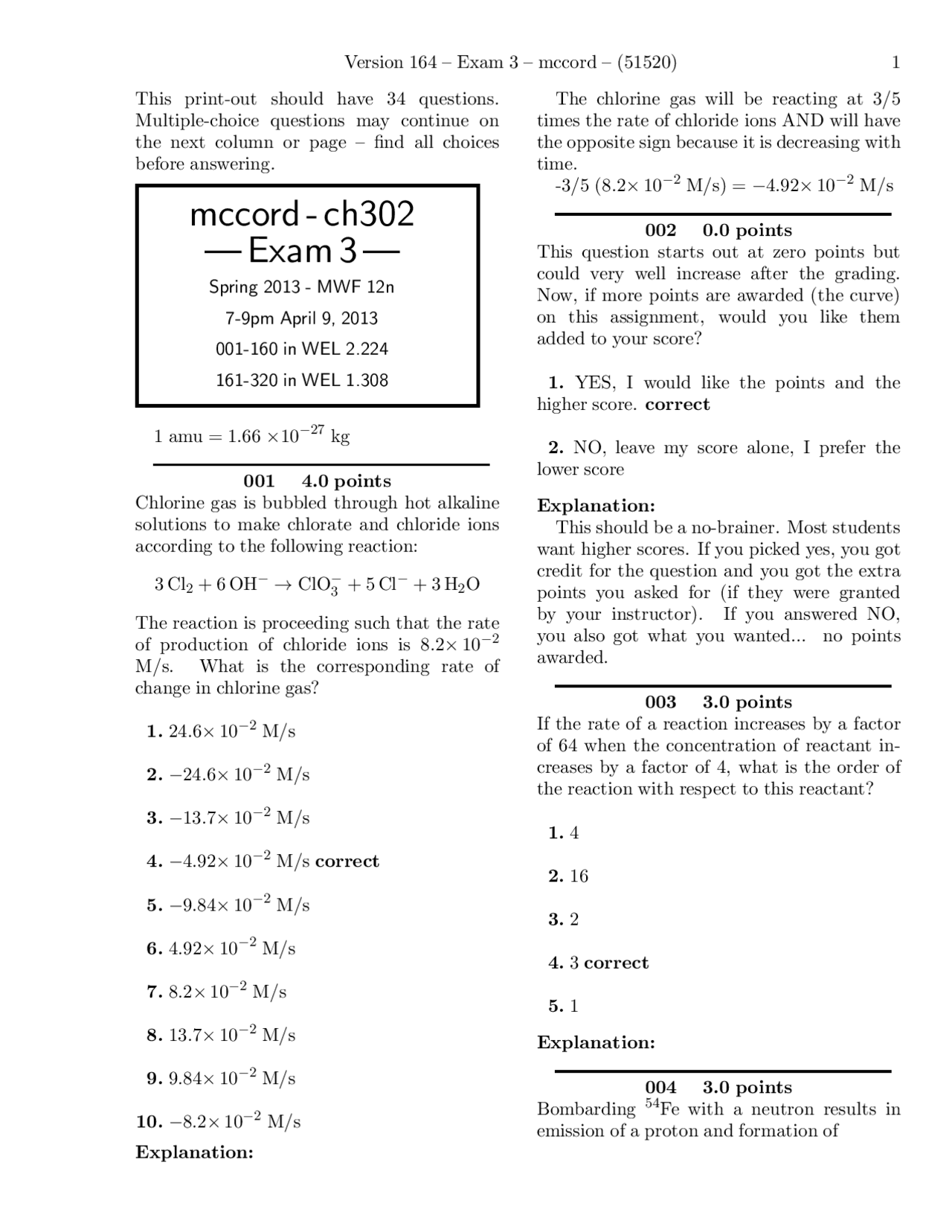 Midterm Exam with Answers - Principles of Chemistry | CH 302 - Docsity