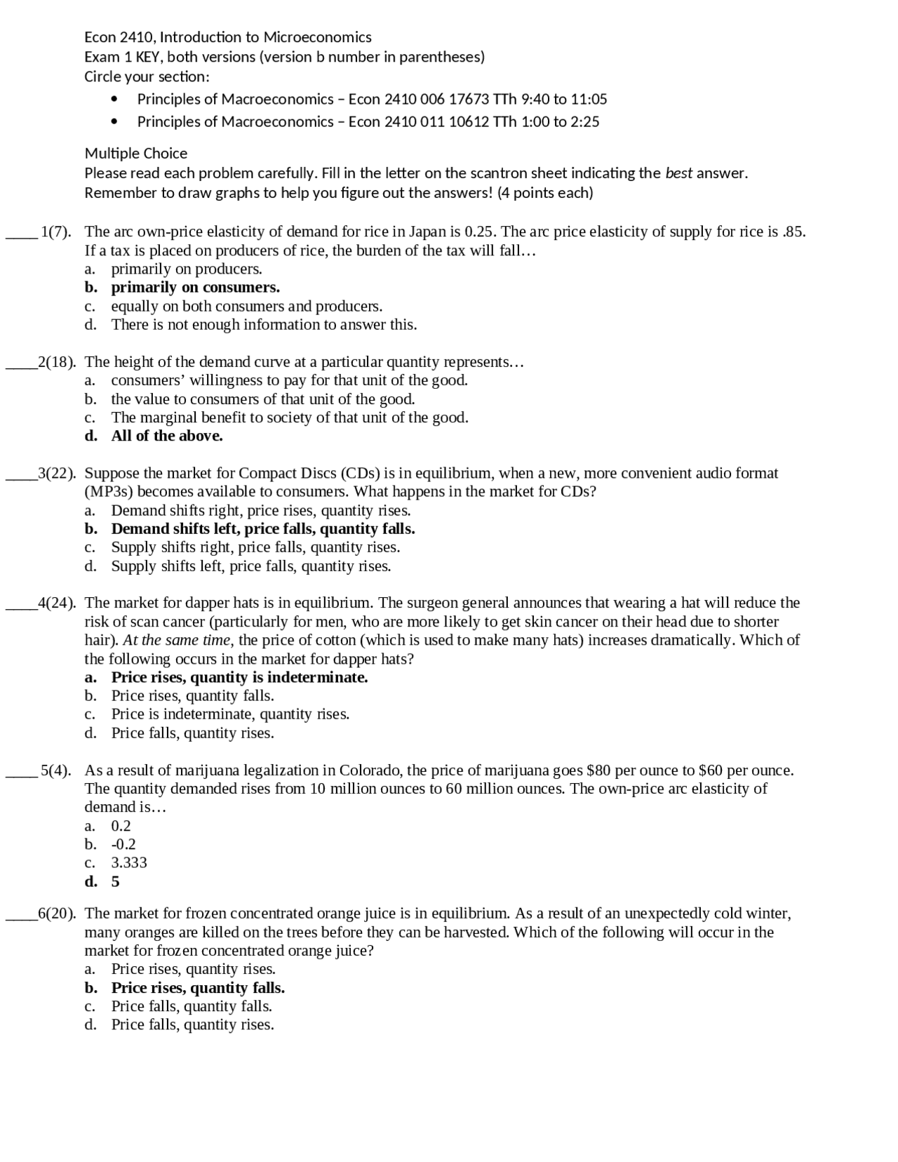 Exam 1 Solution Introduction To Microeconomics Econ 2410 Docsity