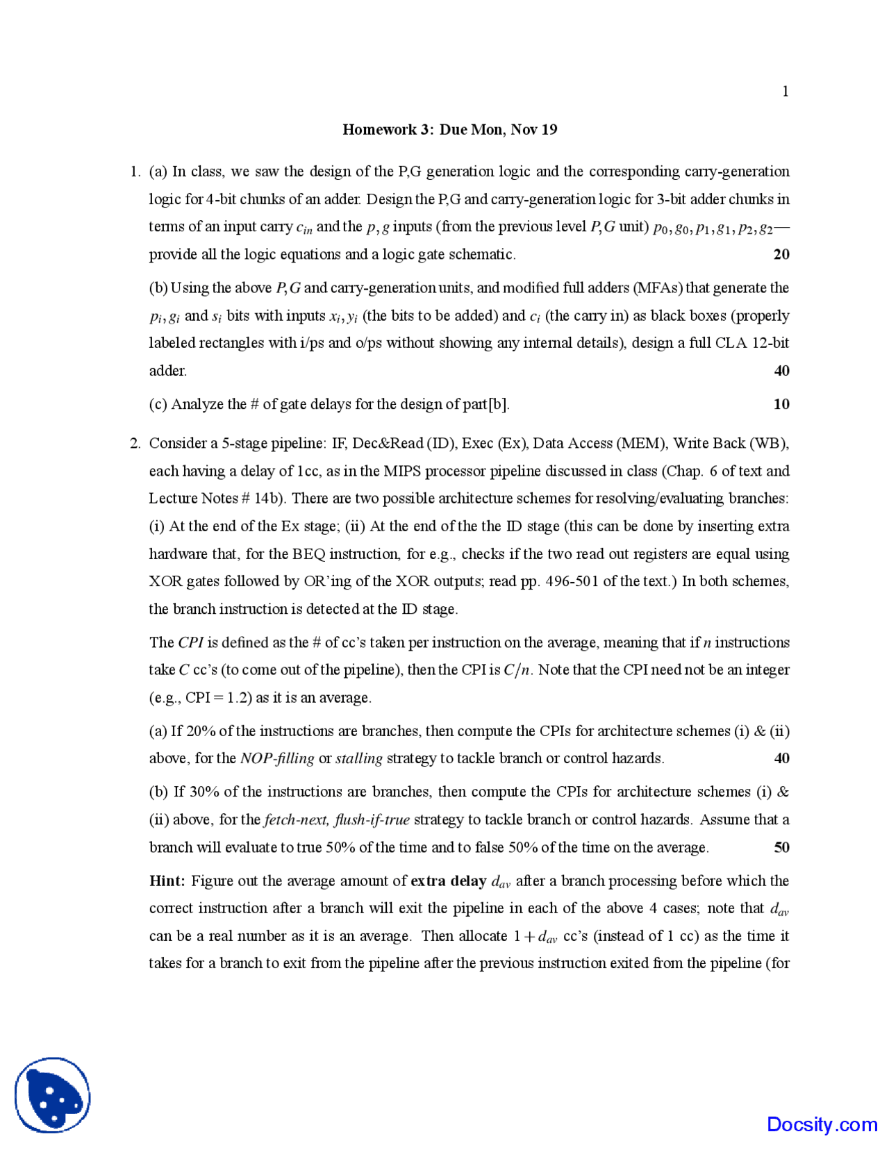 Carry-Generation Logic - Intro to Computer Architecture - Homework - Docsity