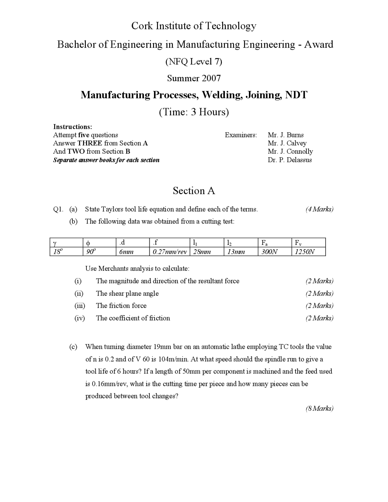 Important Characteristics - Manufacturing Processes - Past Exam Paper ...