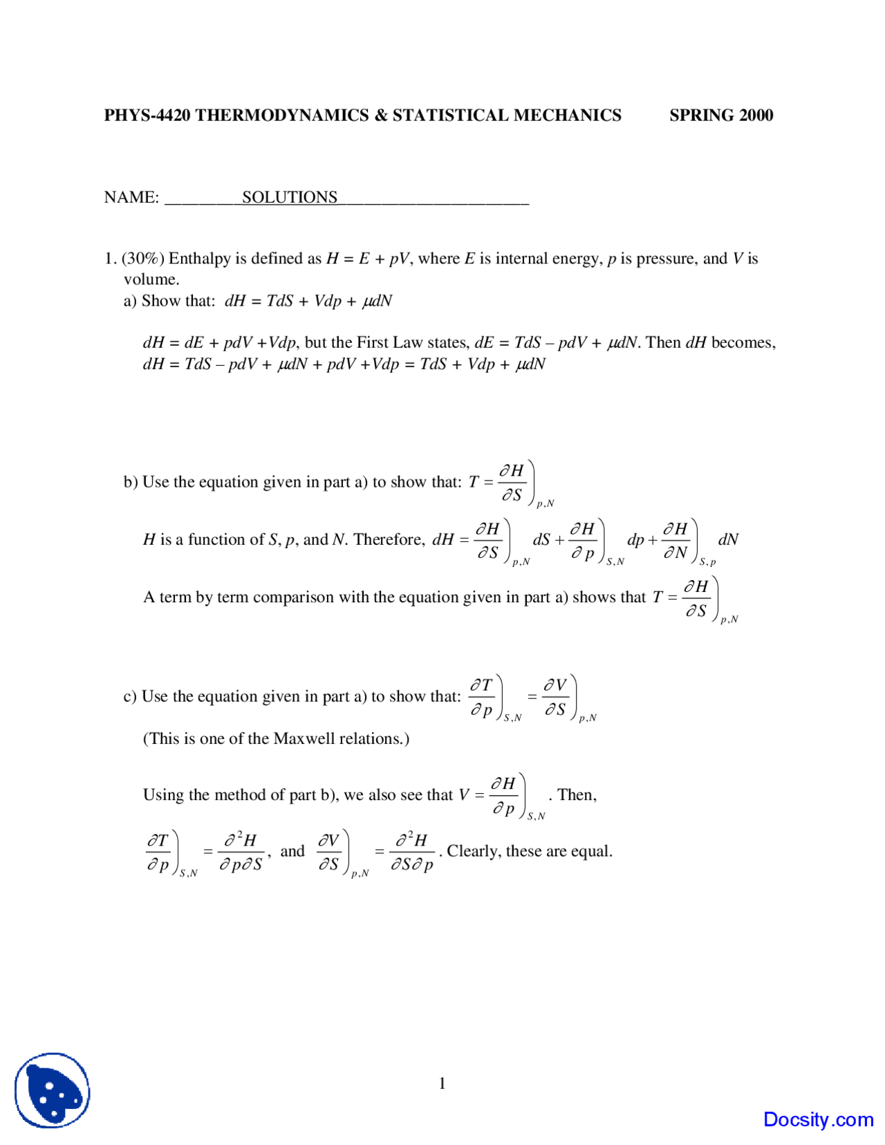 Enthalpy - Thermodynamics and Statistical Mechanics - Solved Exam - Docsity