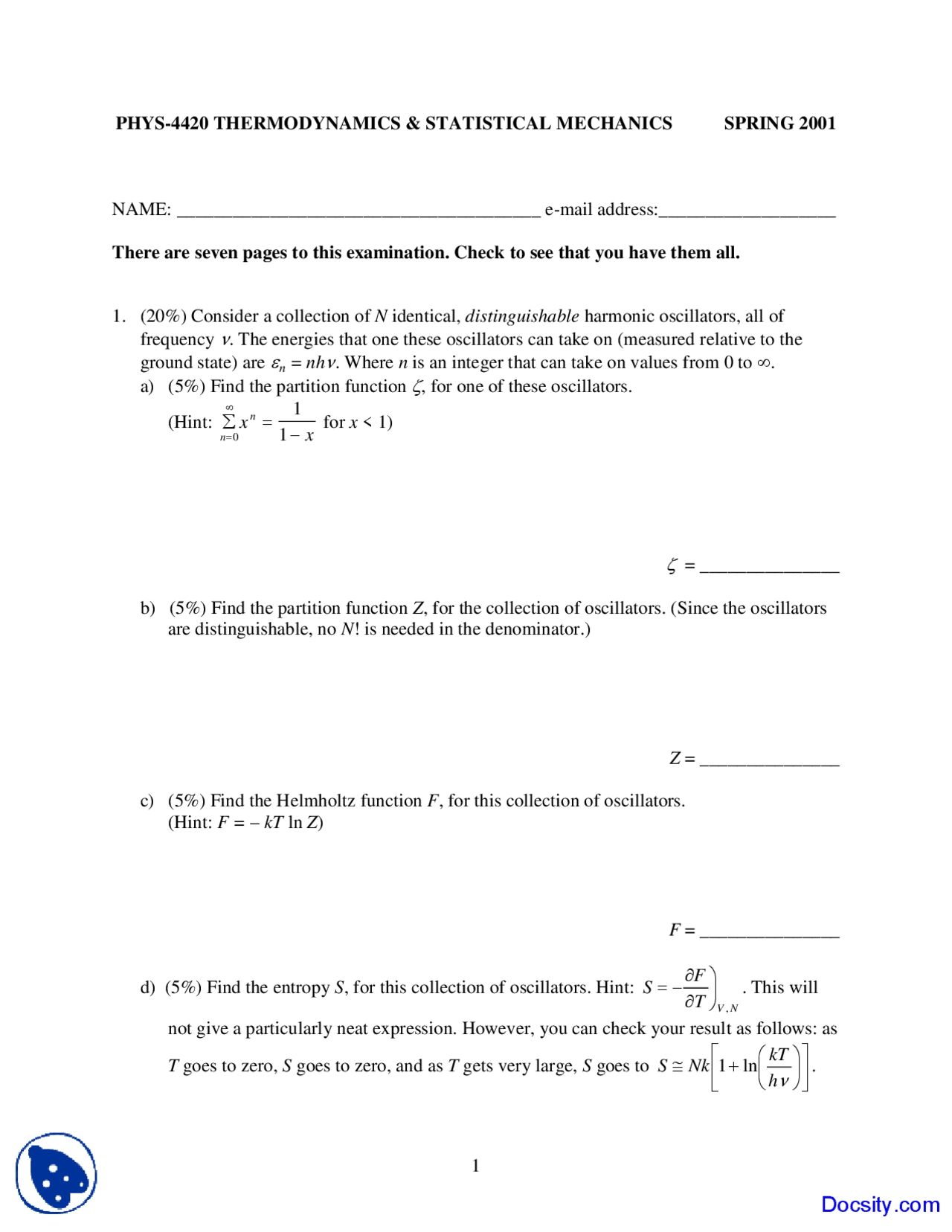 Partition Function - Thermodynamics and Statistical Mechanics - Exam - Docsity