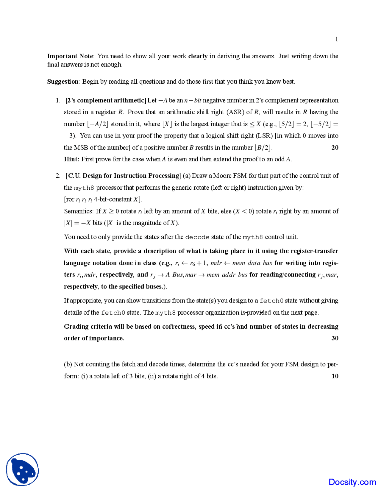 Complement Arithmetic Intro To Computer Architecture Homework Docsity