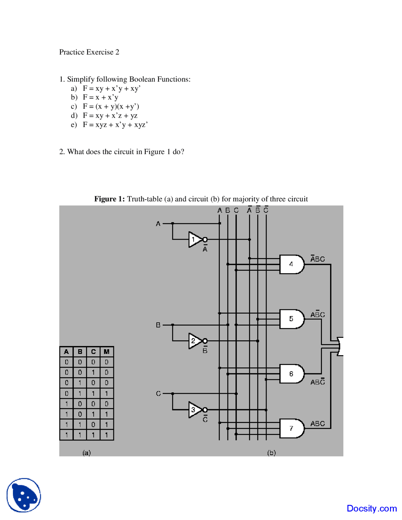 Boolean Functions - Intro to Computer Architecture - Homework - Docsity