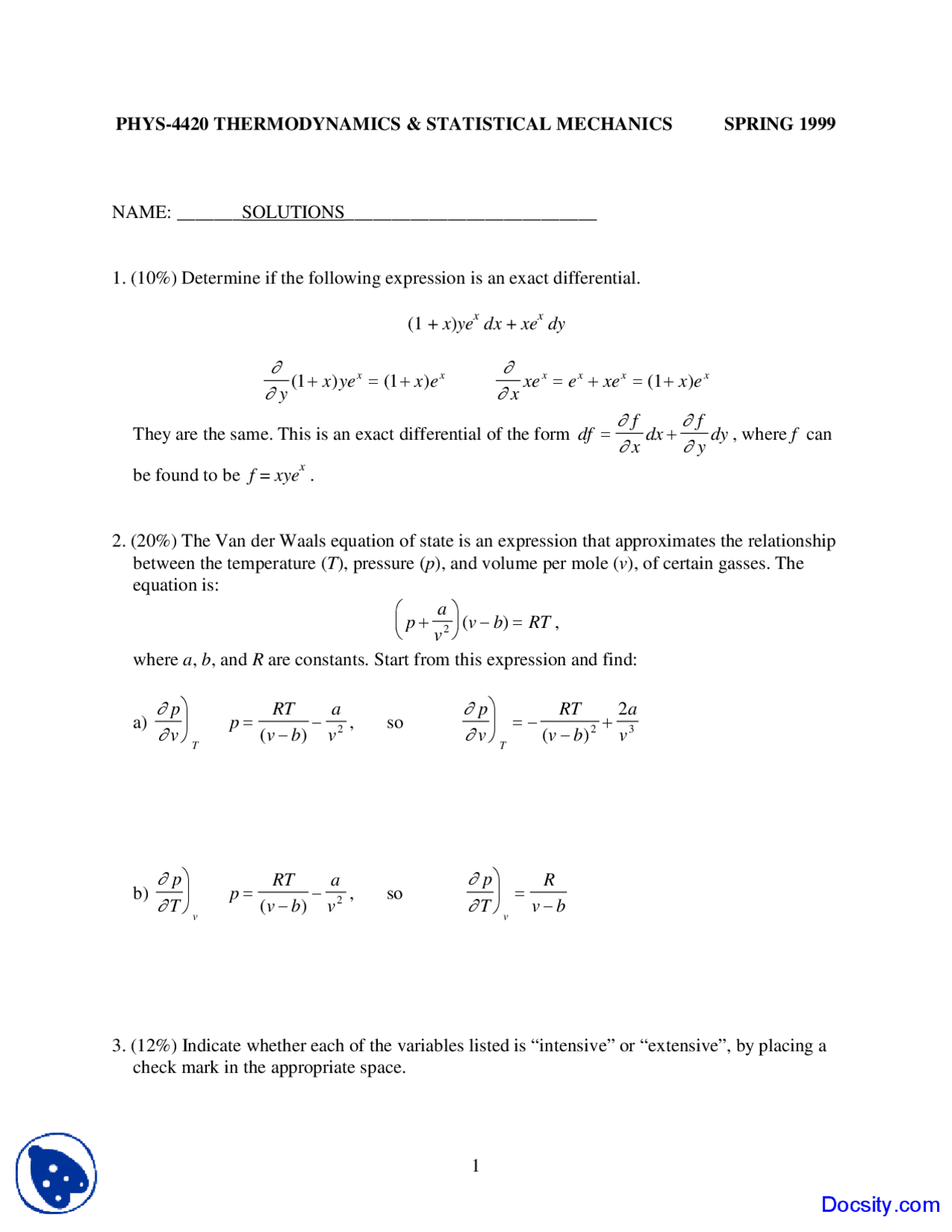 Van Der Waals Equation - Thermodynamics and Statistical Mechanics - Solved Exam - Docsity
