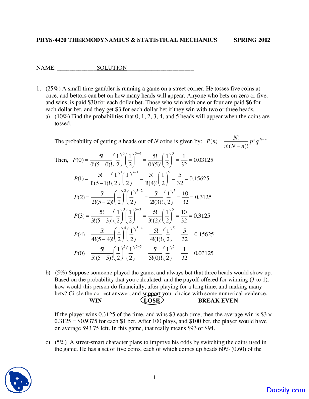 Numerical Evidence - Thermodynamics and Statistical Mechanics - Solved Exam | Exams ...