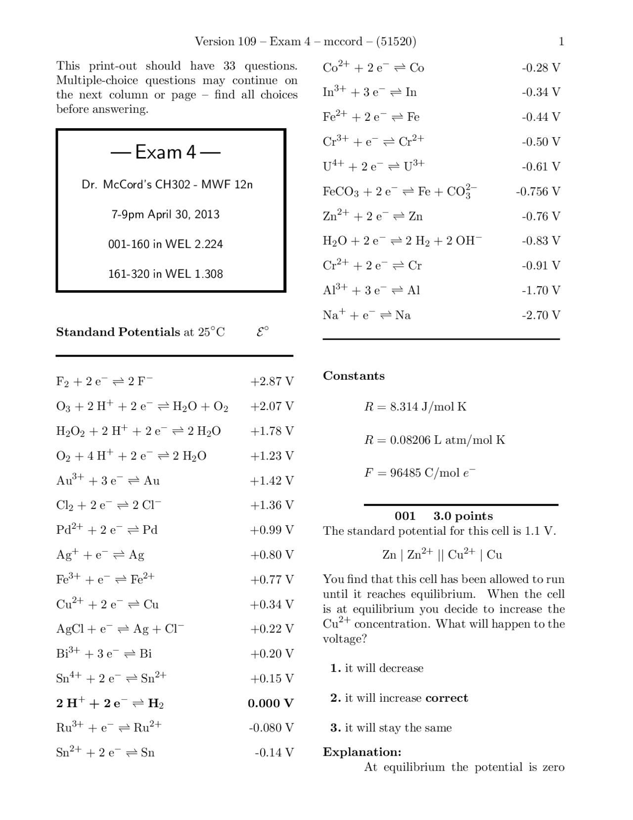 Midterm Exam 4 Principles Of Chemistry Ii Ch 302 Docsity