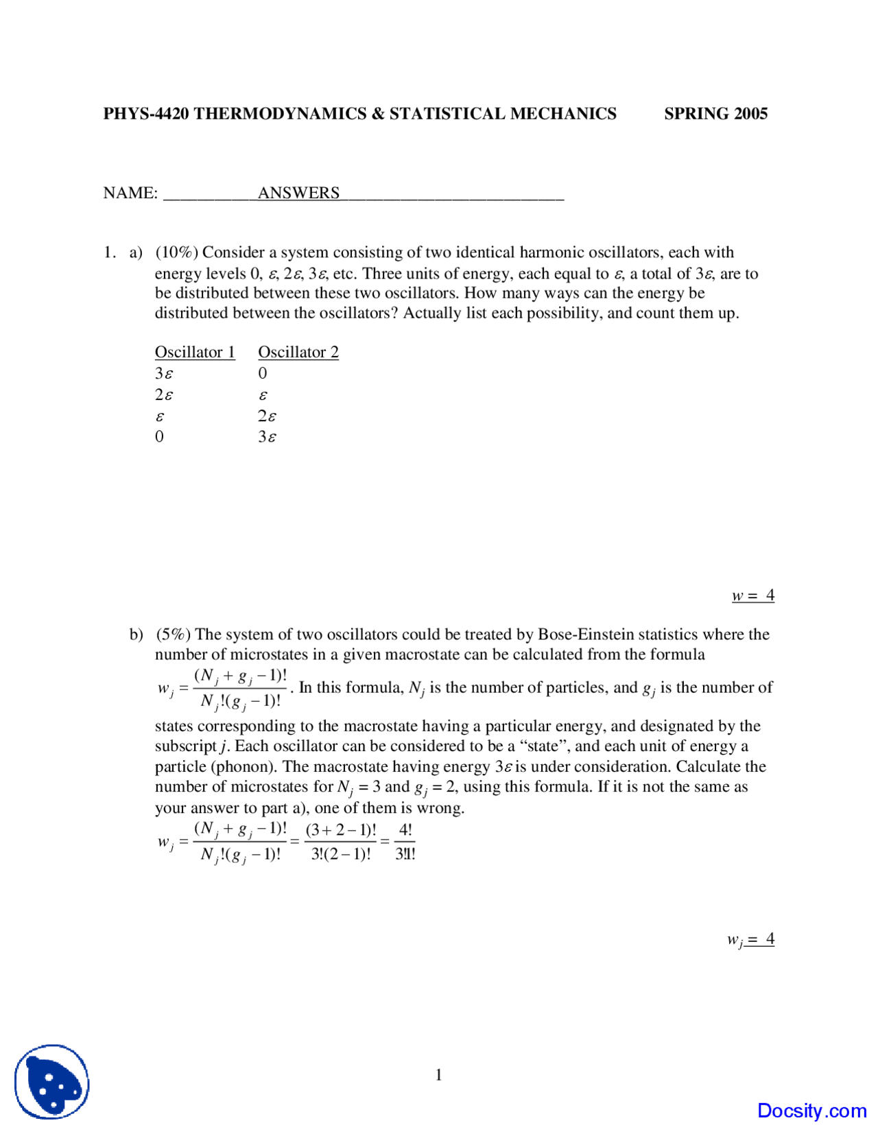 Identical Harmonic Oscillators - Thermodynamics and Statistical Mechanics - Solved Exam - Docsity