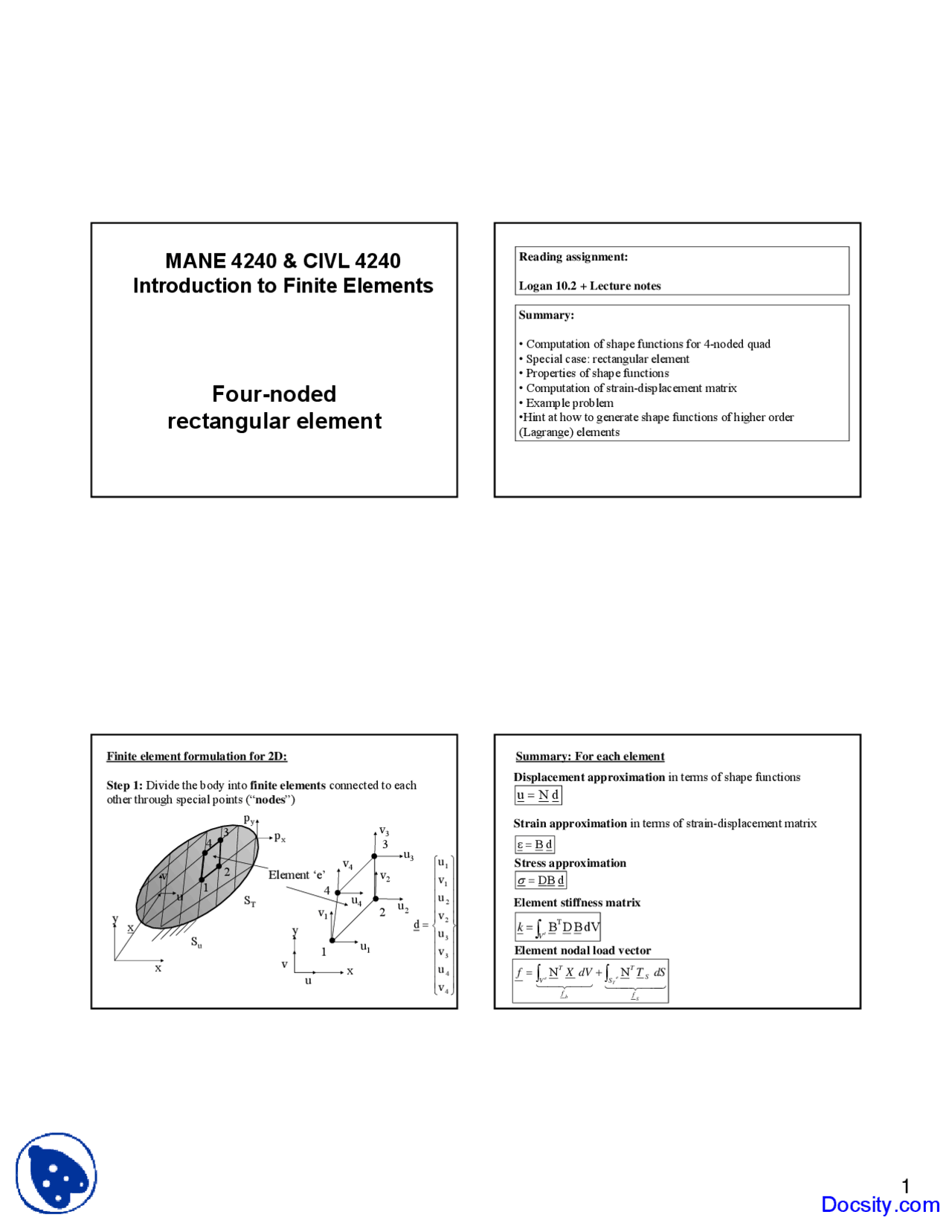 Four Noded Rectangular Element Introduction To Finite Elements Lecture Slides Docsity