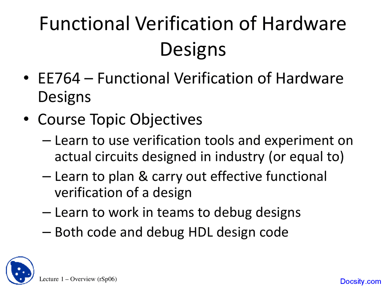 Functional Verification Hdl Design Lecture Slides Docsity