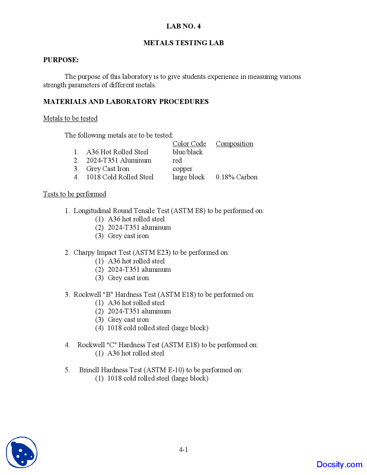 Different Metals - Civil Engineering - Lab - Docsity