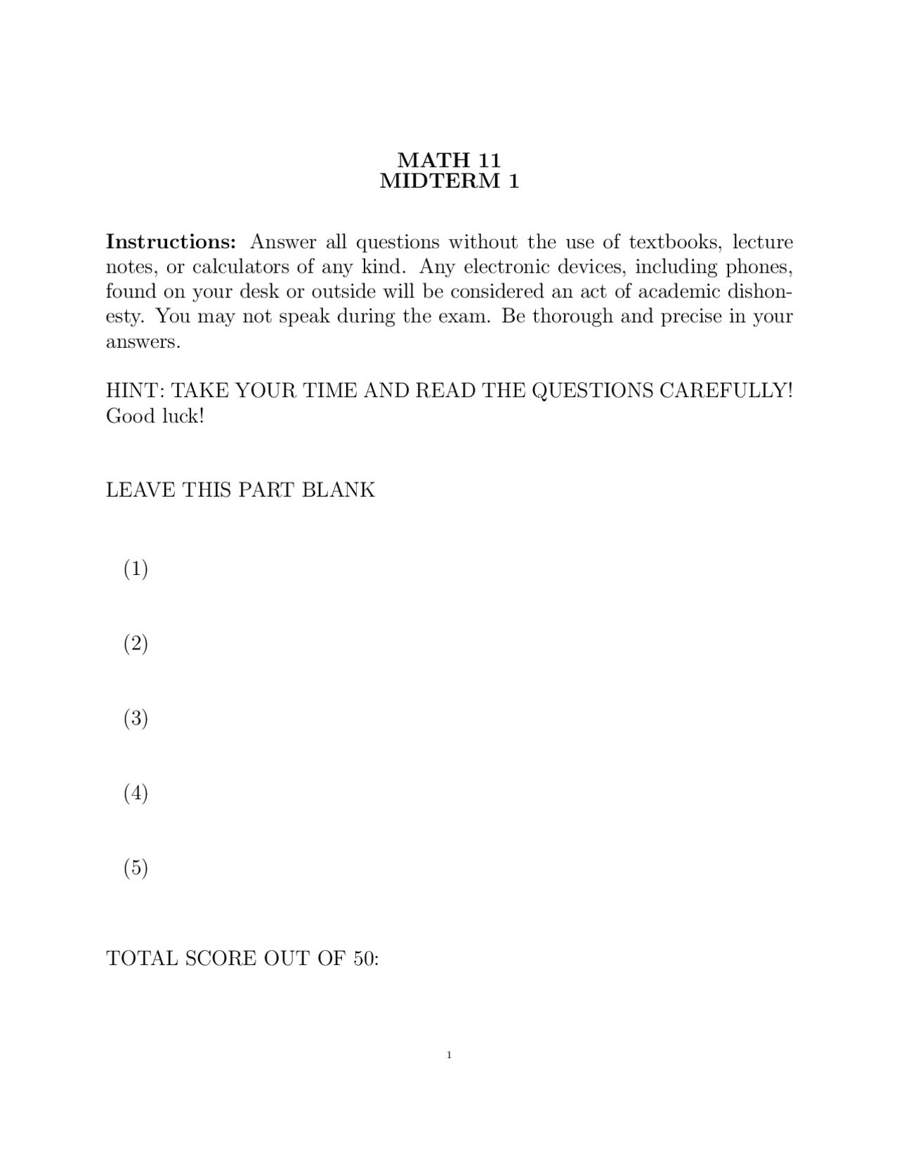 Midterm 1 Questions | Calculus I | MATH 011 | Exams Mathematics | Docsity