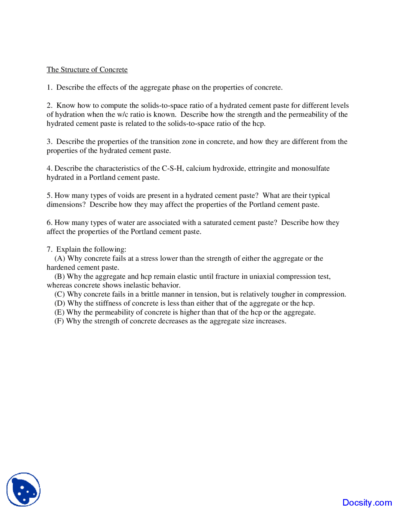 Structure Of Concrete Civil Engineering Quiz Docsity