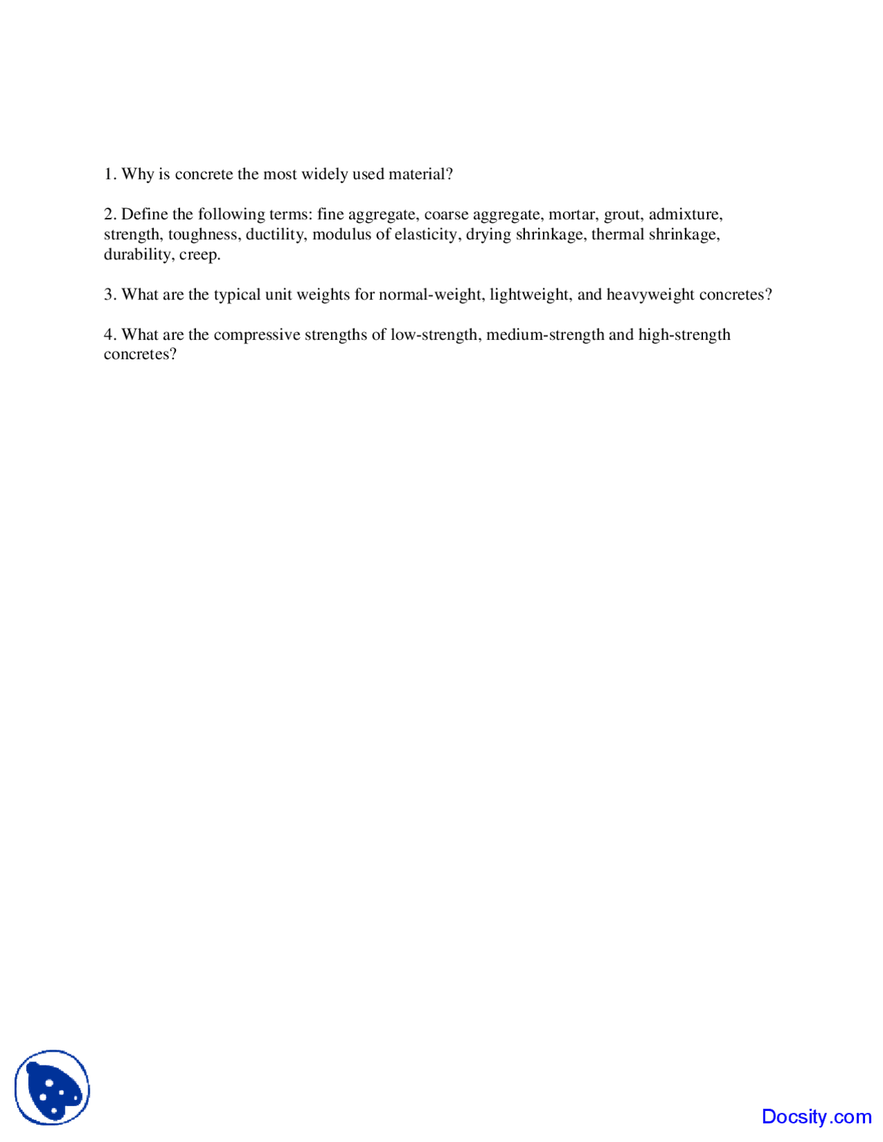 Concrete - Civil Engineering - Quiz - Docsity