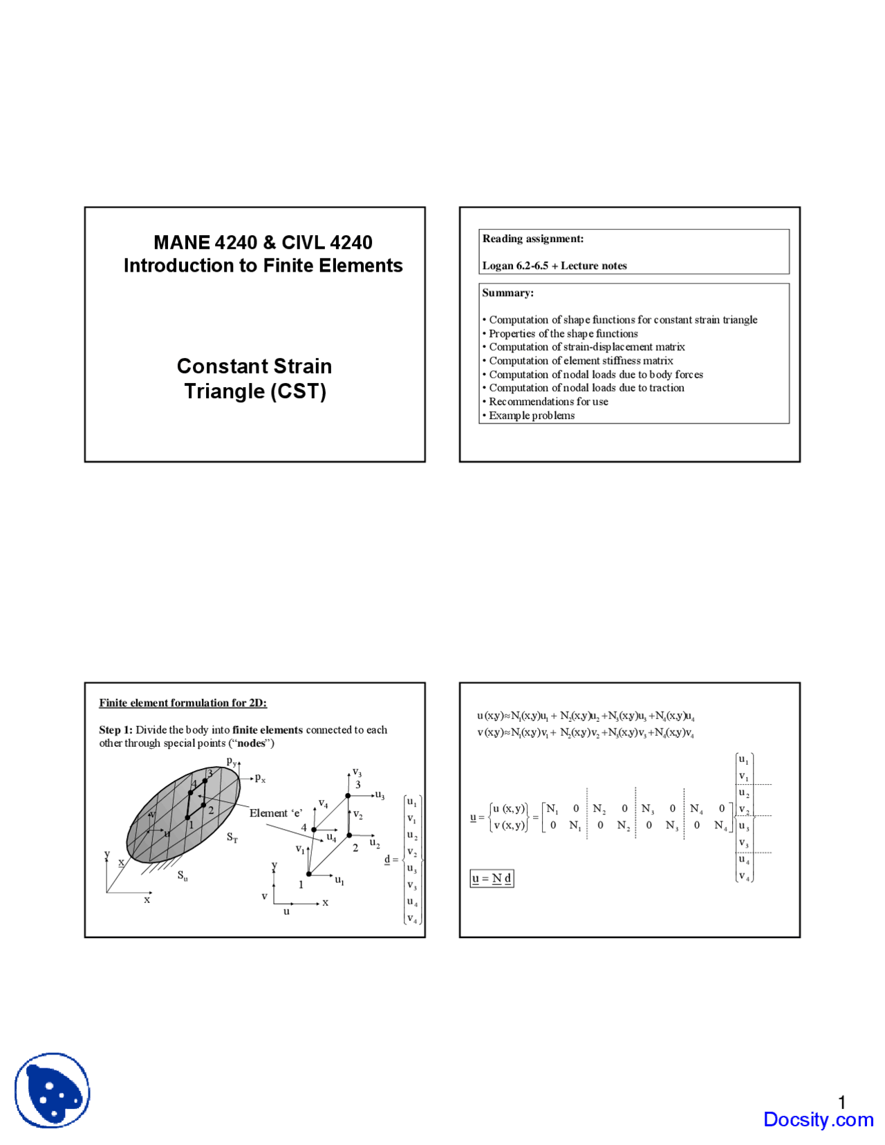 Constant Strain Triangle Introduction To Finite Elements Lecture Slides Docsity