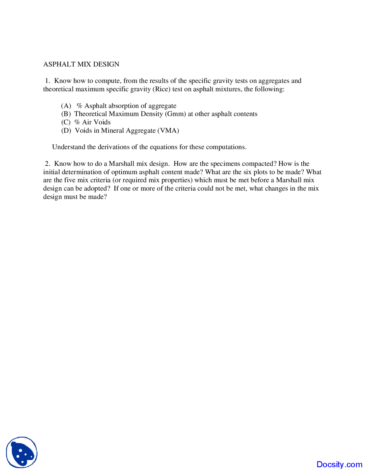 Theoretical Maximum Density - Civil Engineering - Quiz - Docsity
