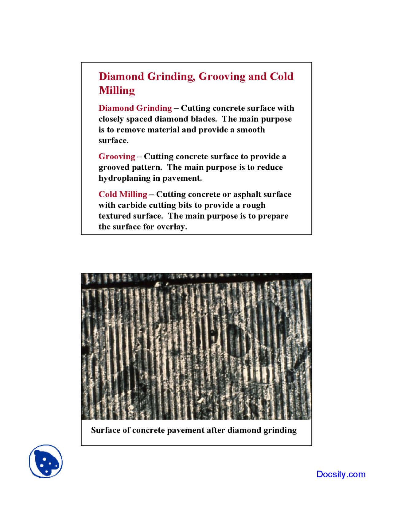 Diamond Grinding Pavement Managment System Lecture Slides Docsity