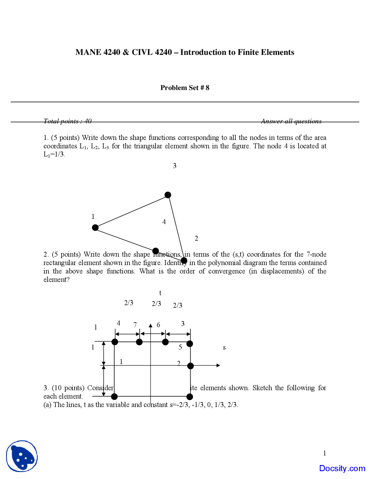 Shape Functions Introduction To Finite Elements Quiz Docsity