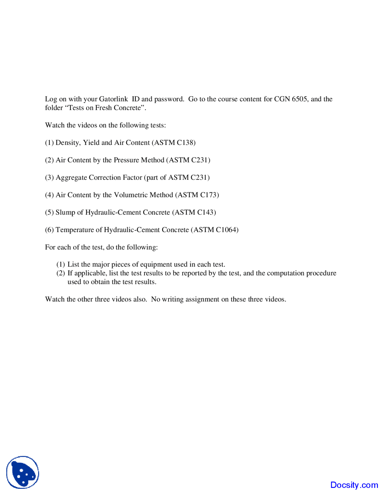 Tests On Fresh Concrete Civil Engineering Assignment Docsity