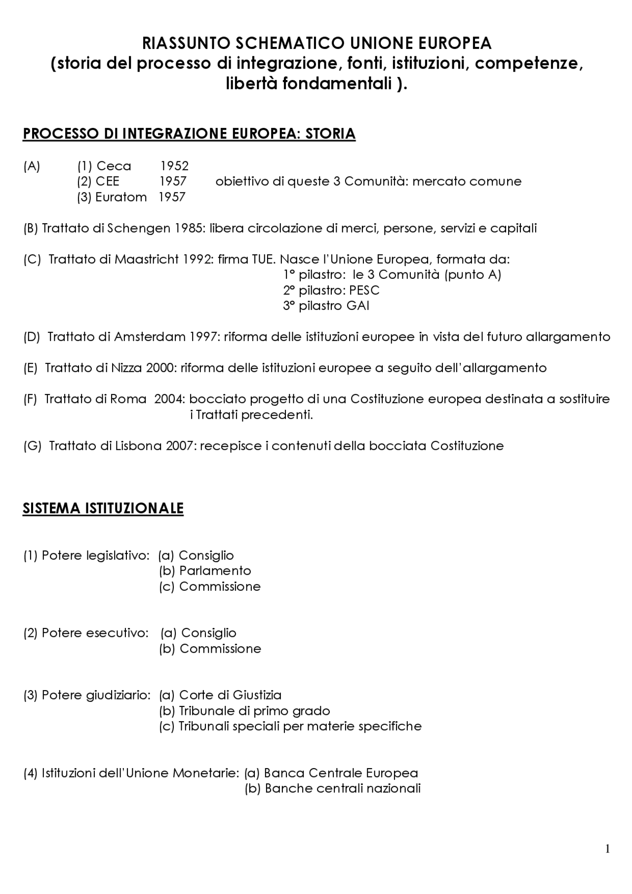 storia del processo di integrazione, fonti, istituzioni, competenze ...