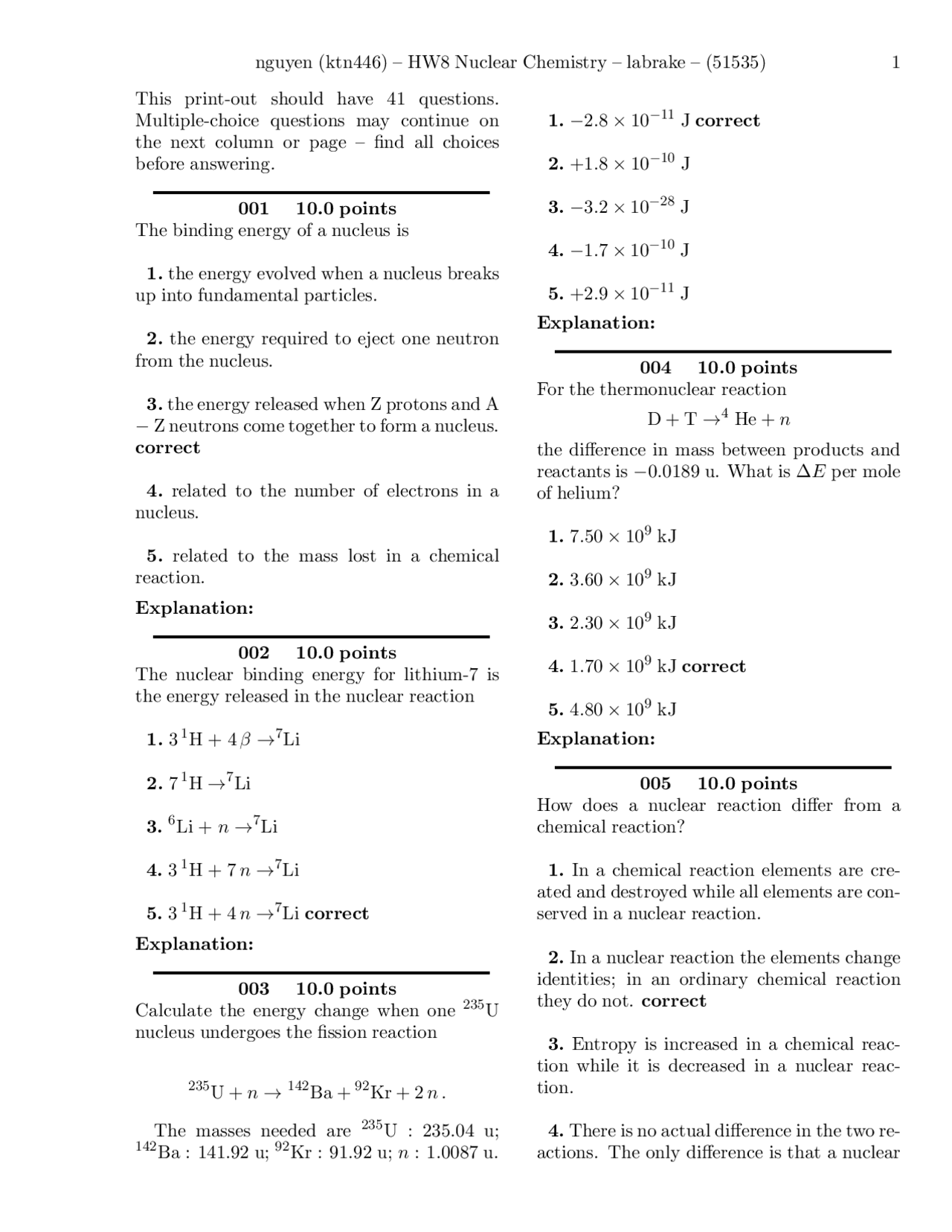 Homework 8 Solved | Principles of Chemistry II | CH 302 | Quizzes Chemistry | Docsity