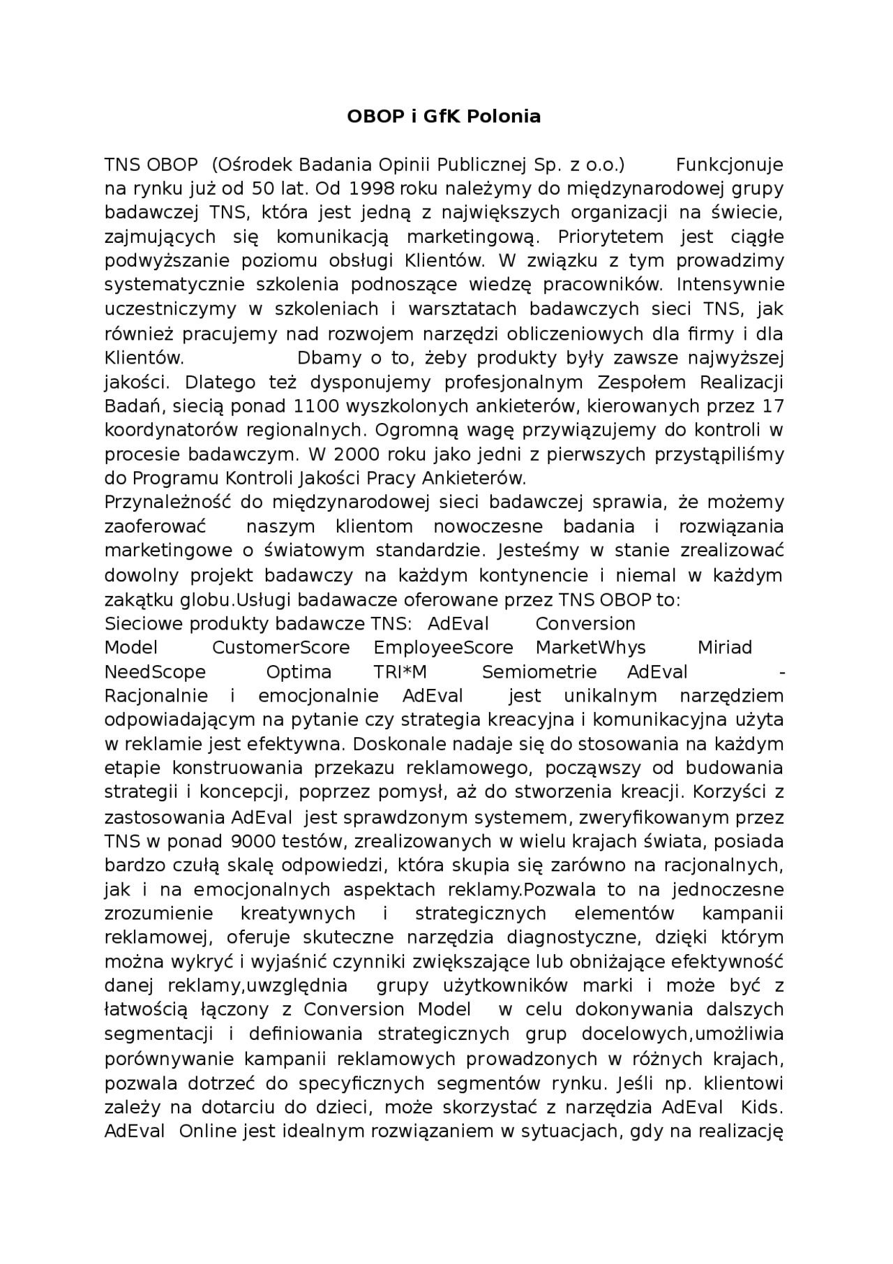 OBOP i GfK Polonia - Notatki - Marketing - Docsity
