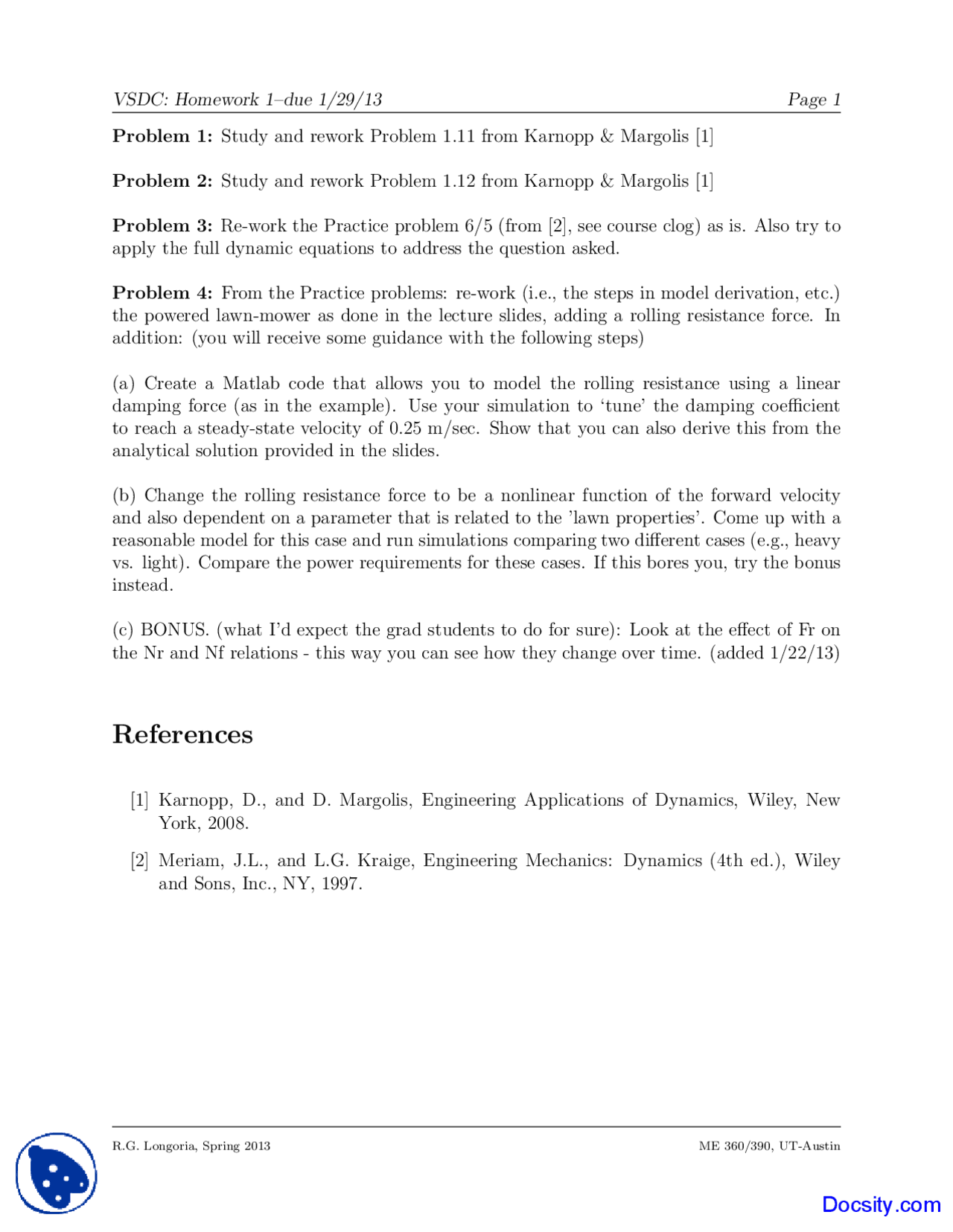 Guidance - Vehicle System Dynamics and Control - Home Work - Docsity