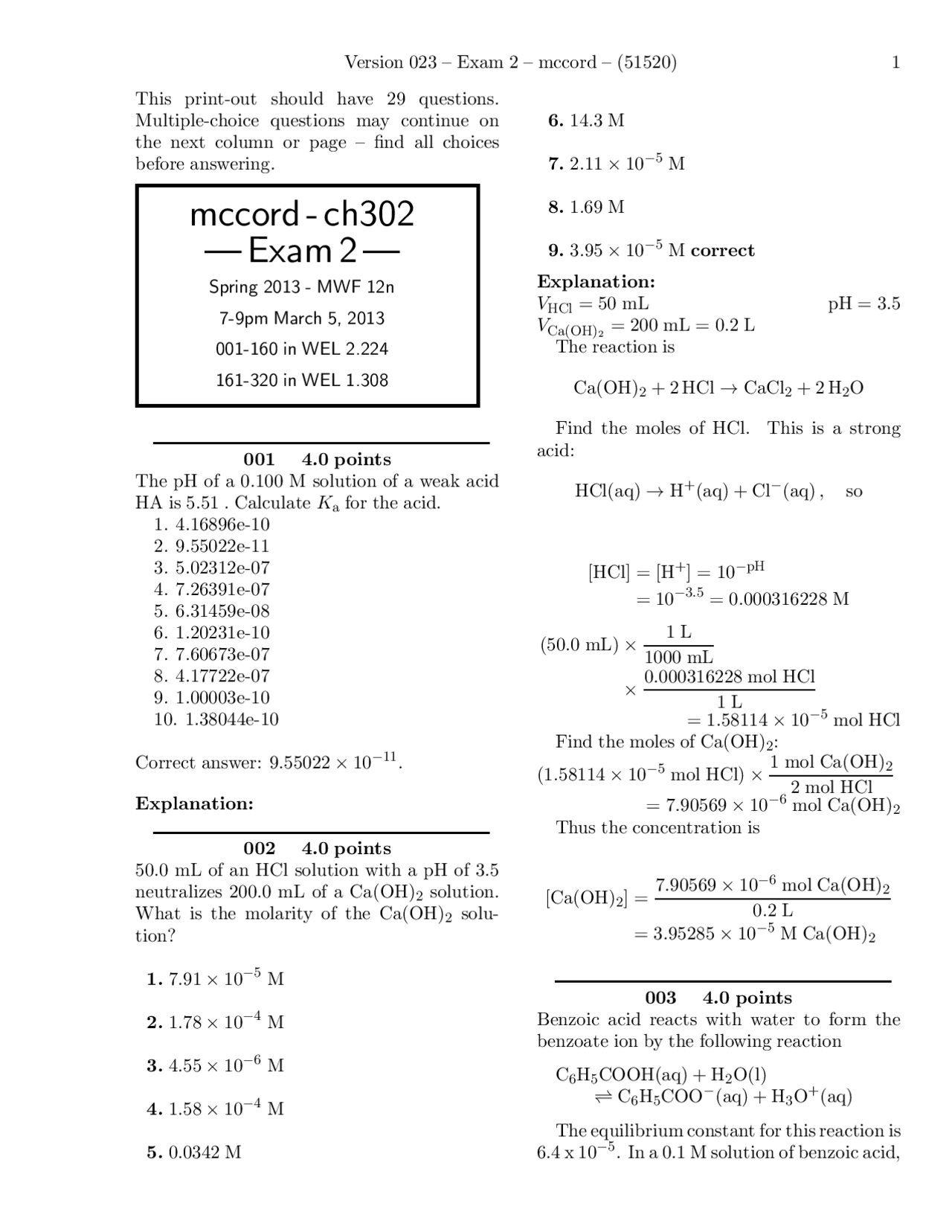 Past Exam 2 With Answers Principles Of Chemistry Ii Ch 302 Docsity