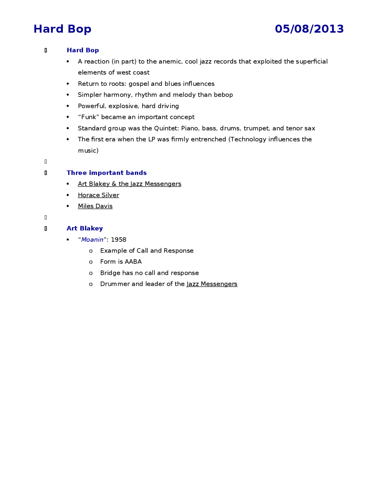 Jazz Final Notes for History of Jazz: Hard Bob - Lecture Slides | MUS ...