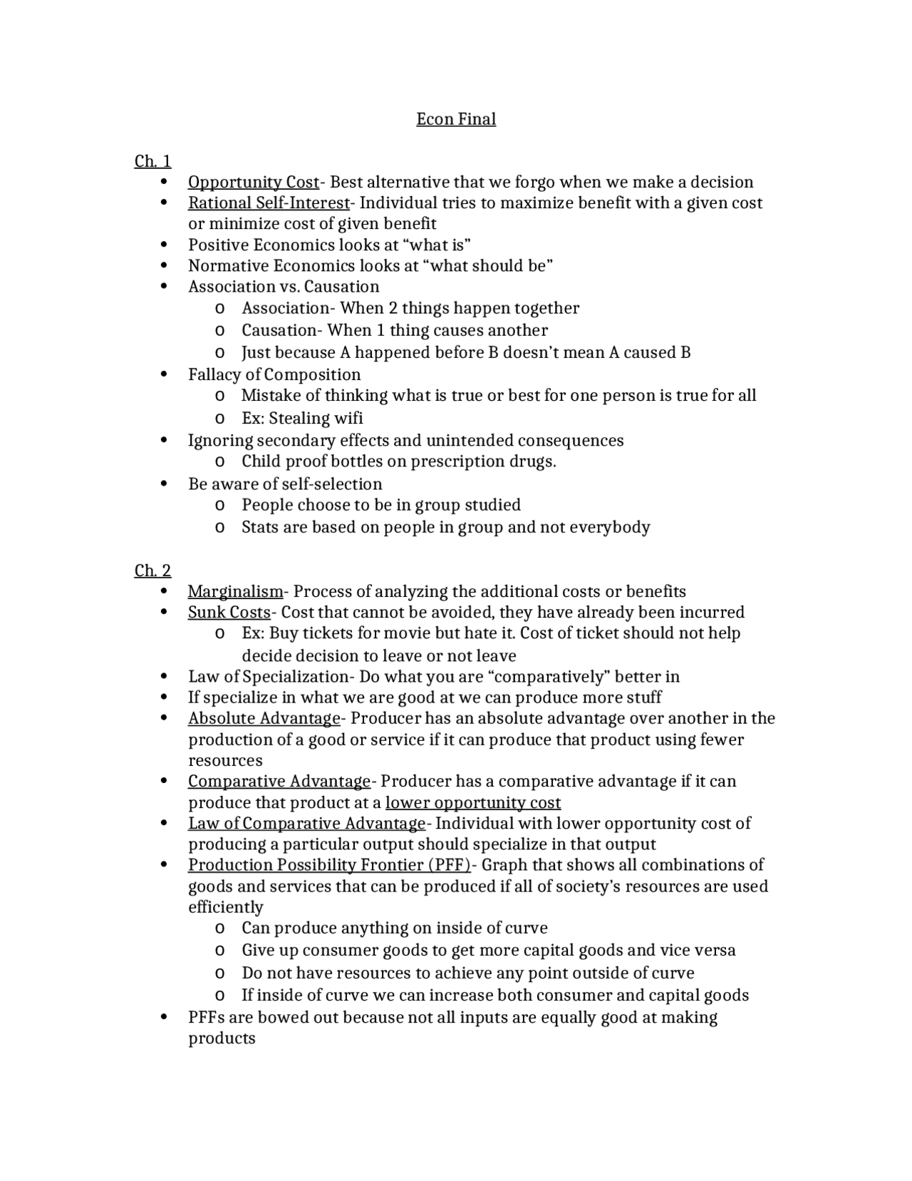 Final Exam Study Guide on Principles of Economics | ECON 2005 - Docsity
