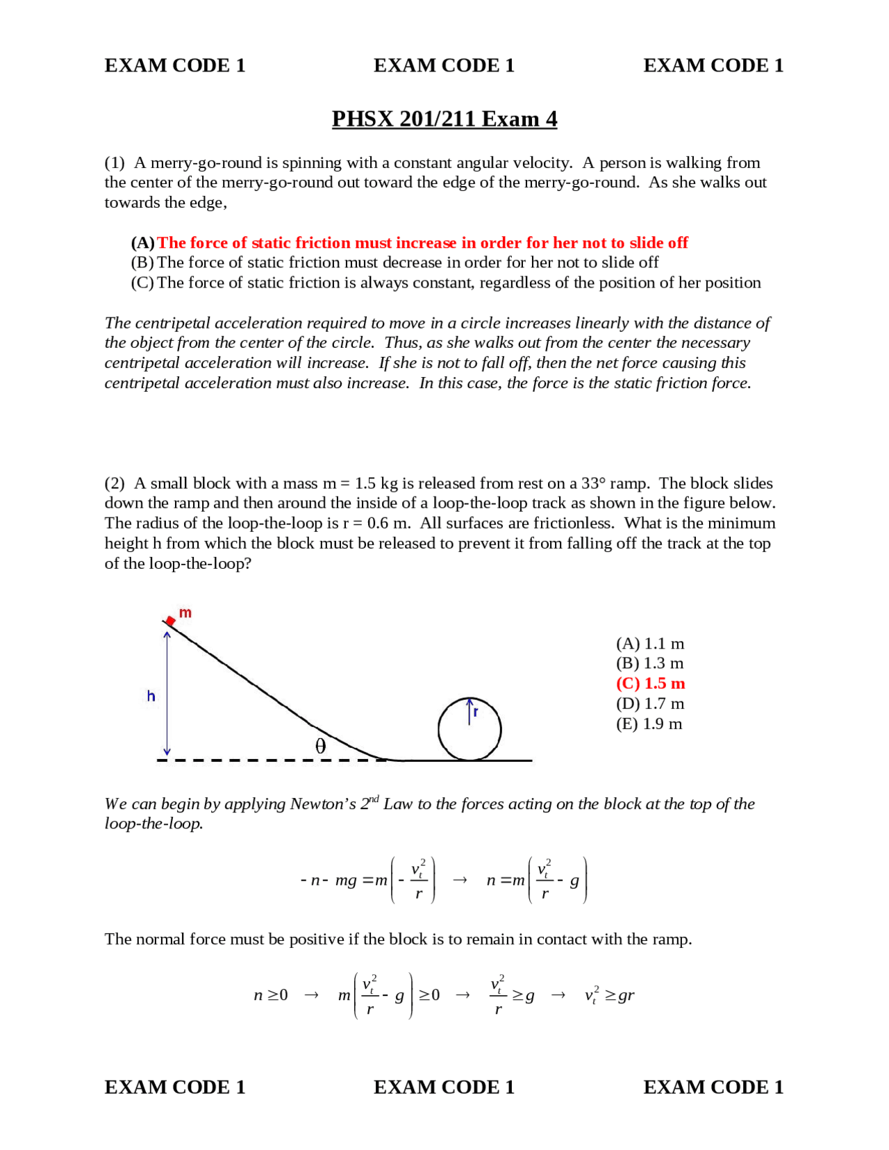 Exam 4 with Answers | General Physics I | PHSX 211 - Docsity