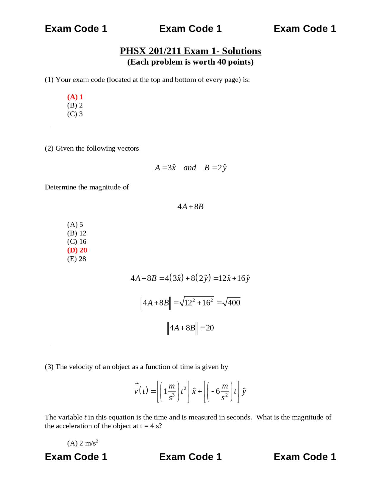 Exam 1 Solutions - General Physics I | PHSX 211 - Docsity