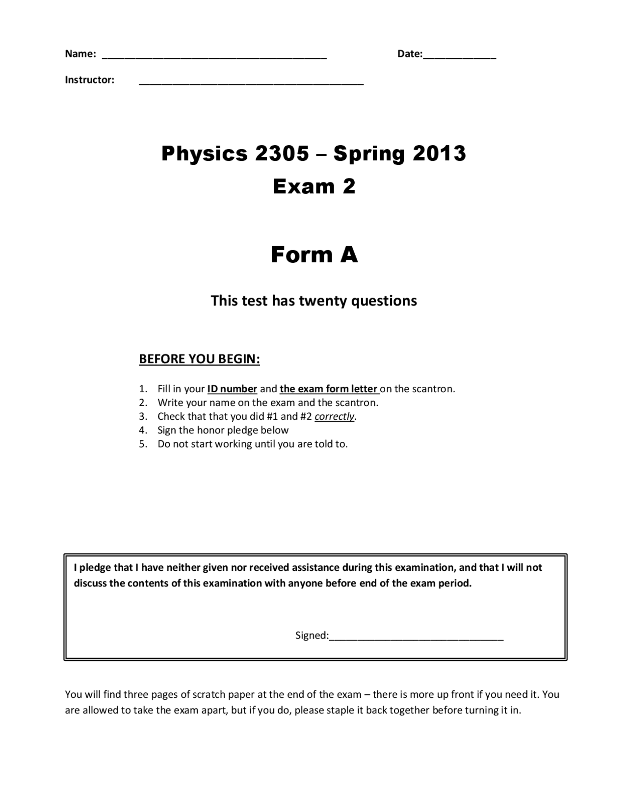 Exam 2 Form A with Answer Key | Foundations of Physics I | PHYS 2305 - Docsity