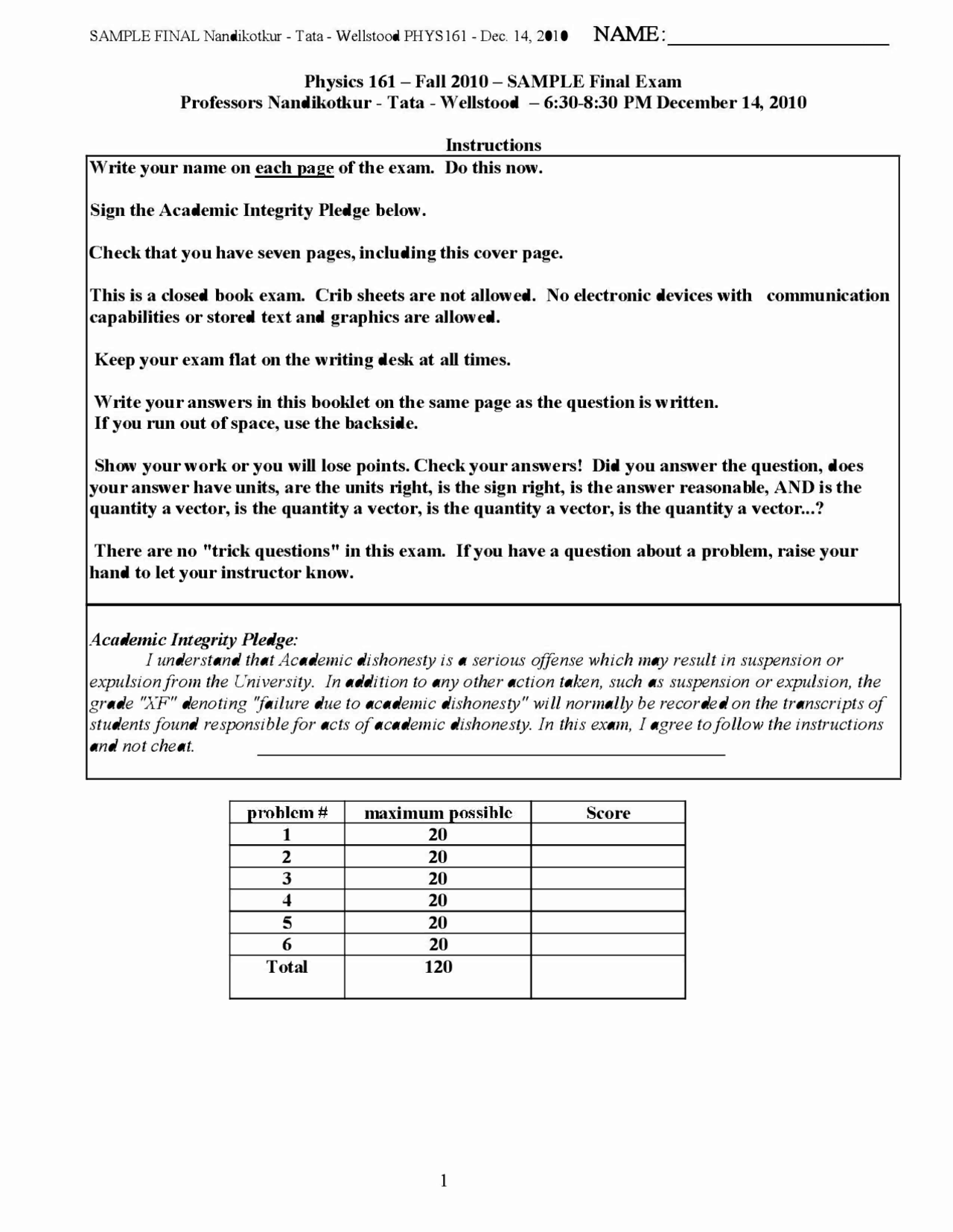 Sample Final Exam Questions for Mechanics and Particle Dynamics | PHYS 161 - Docsity