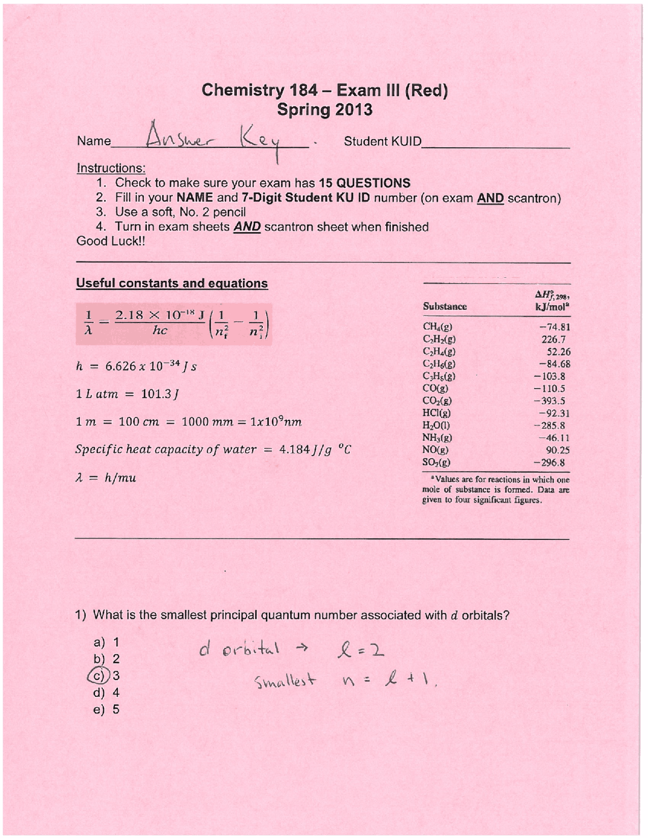 Midterm Exam 3 With Answer Key Foundations Of Chemistry I Chem 184