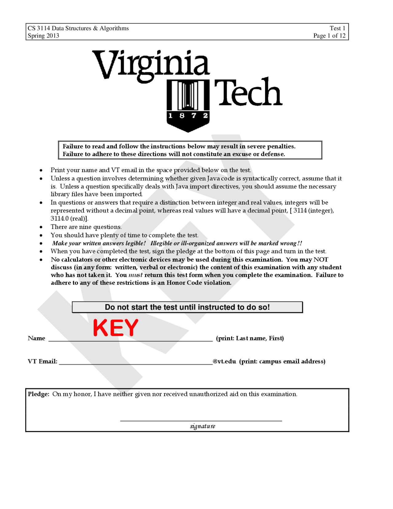 Midterm Exam Answers Key Data Structures And Algorithms Cs 3114 Exams Computer Science