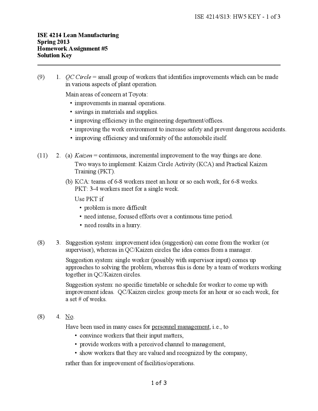 Homework 5 Solution Key Lean Manufacturing Ise 4214 Docsity