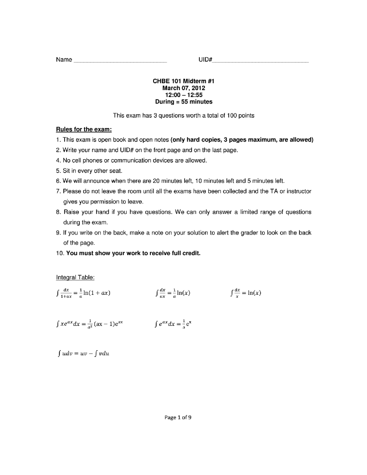 Midterm Exam 1 Questions Introduction To Chemistry And Bioengineers