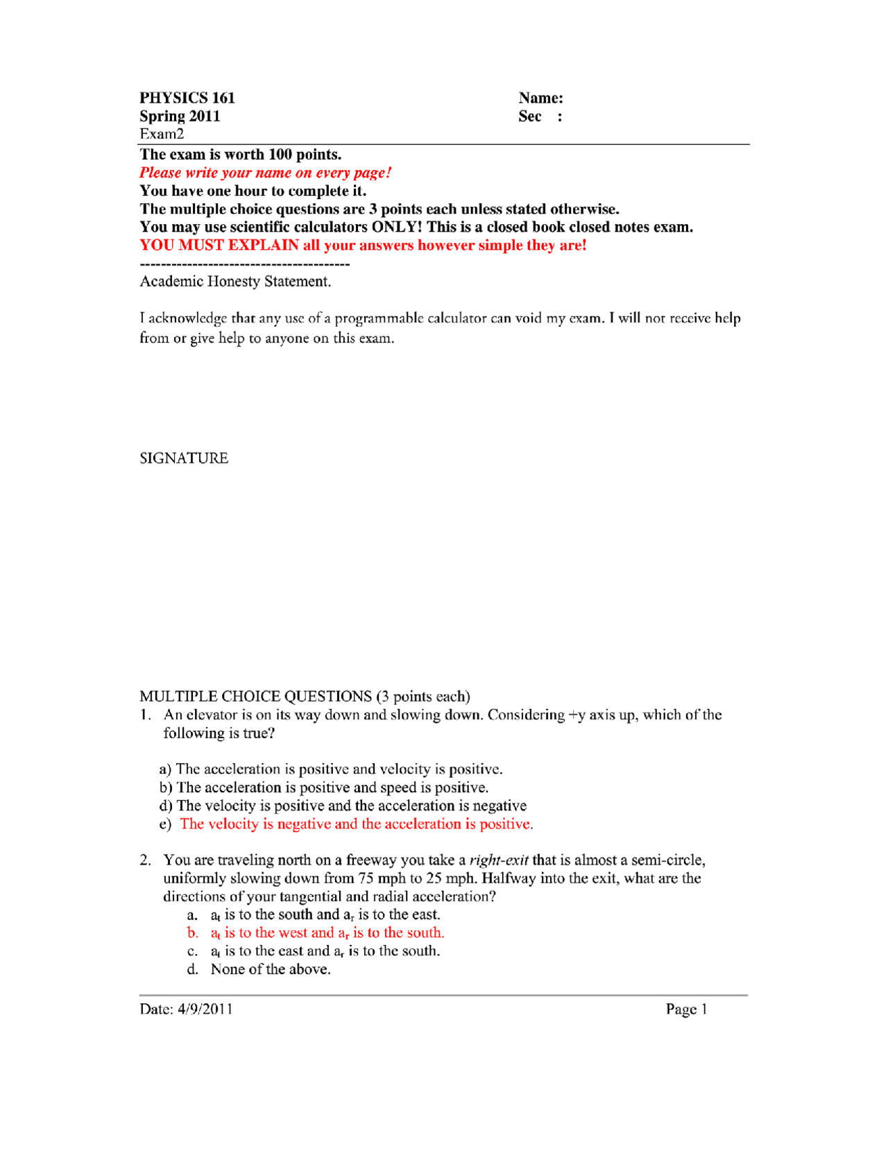 Exam 2 Questions and Answers - General Physics: Mechanics and Particle | PHYS 161 - Docsity