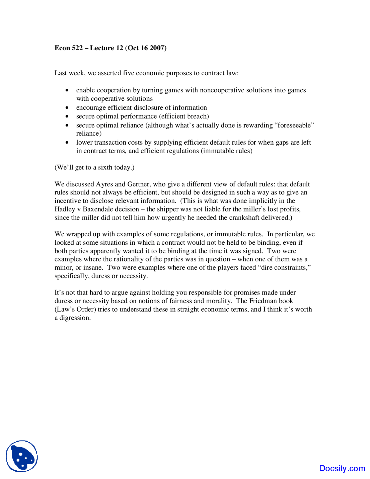 Five Economic Purposes - Economics of Law - Lecture Notes - Docsity