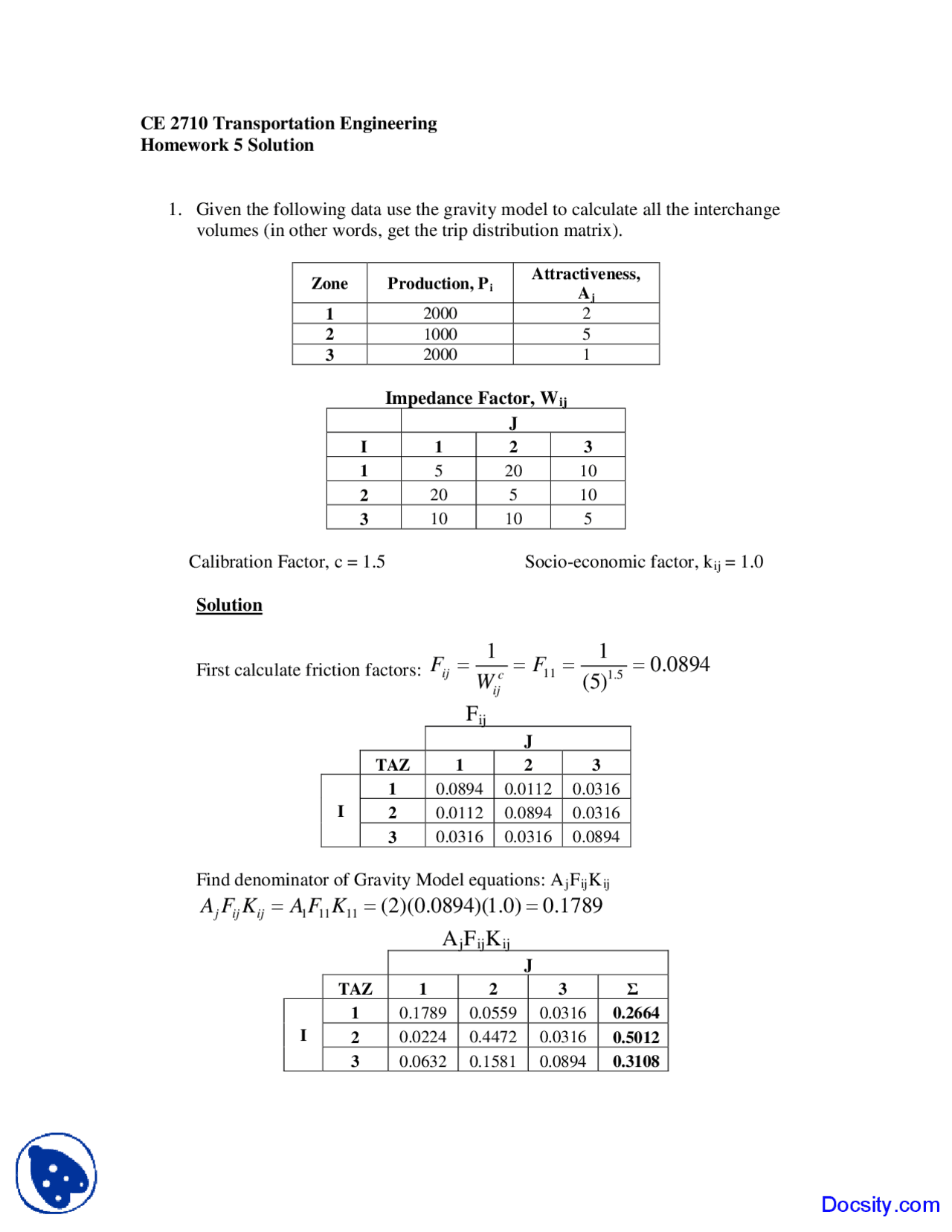 Gravity Model - Transportation Engineering - Solved Homework - Docsity
