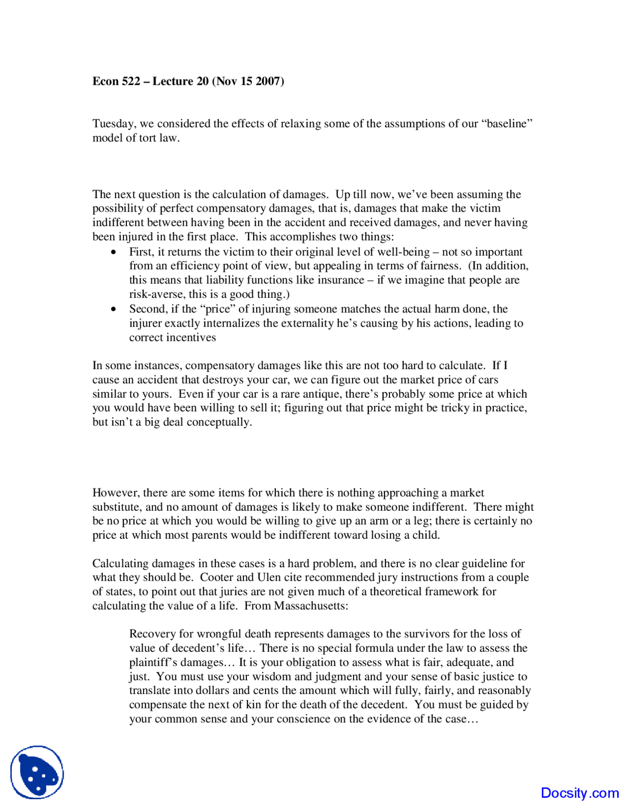 Types Of Safety Regulation Economics Of Law Lecture Notes Docsity