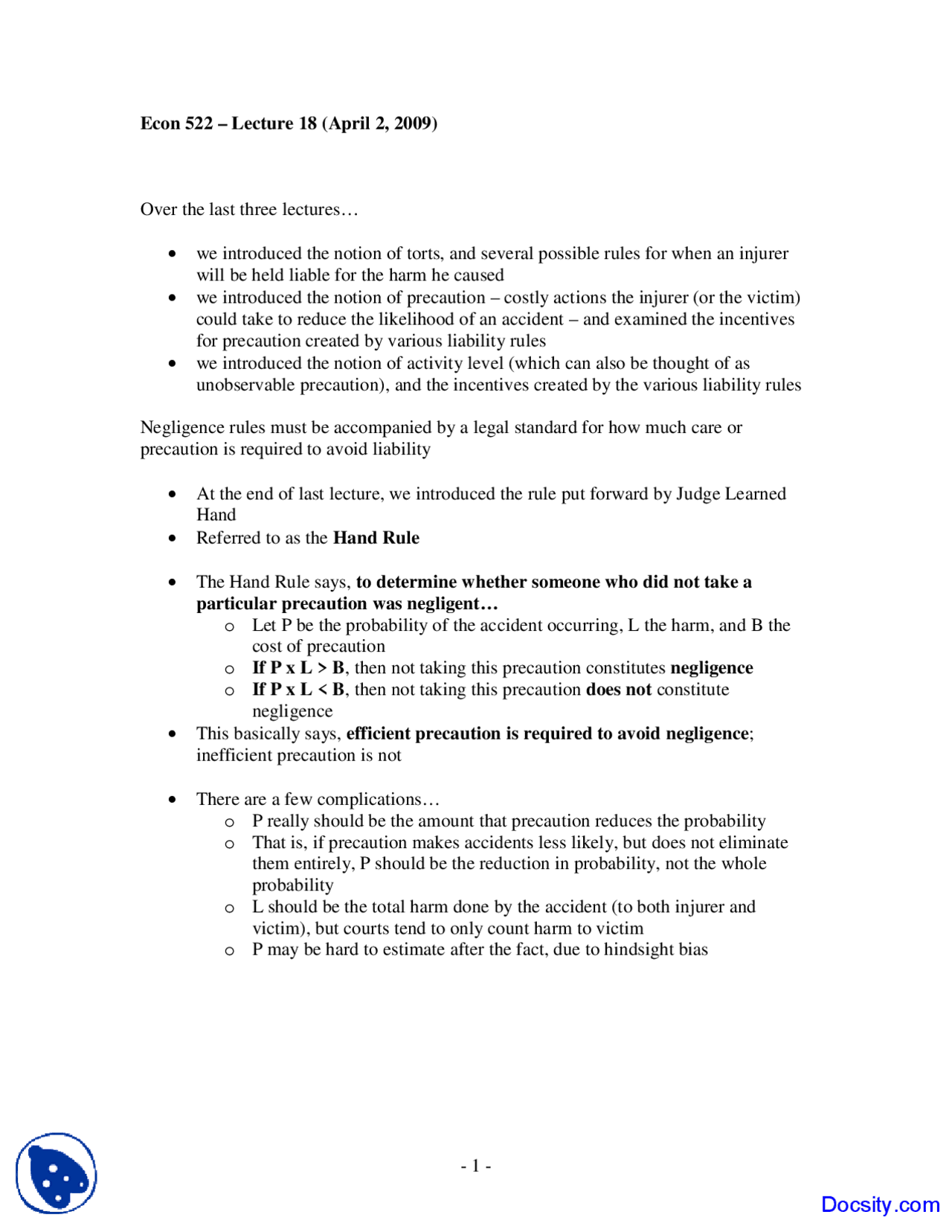 Hand Rule - Economics of Law - Lecture Notes - Docsity