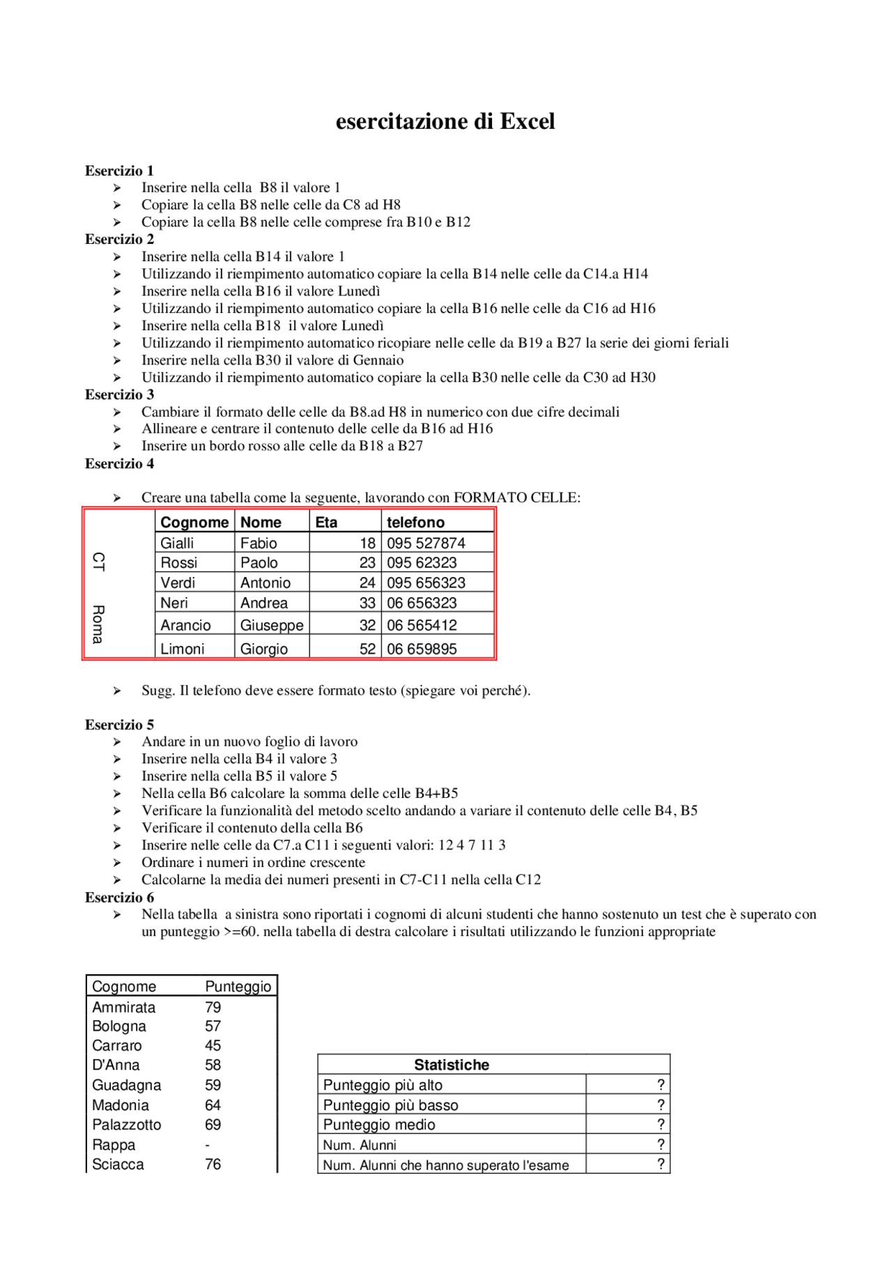 Esercitazione Di Excel Docsity