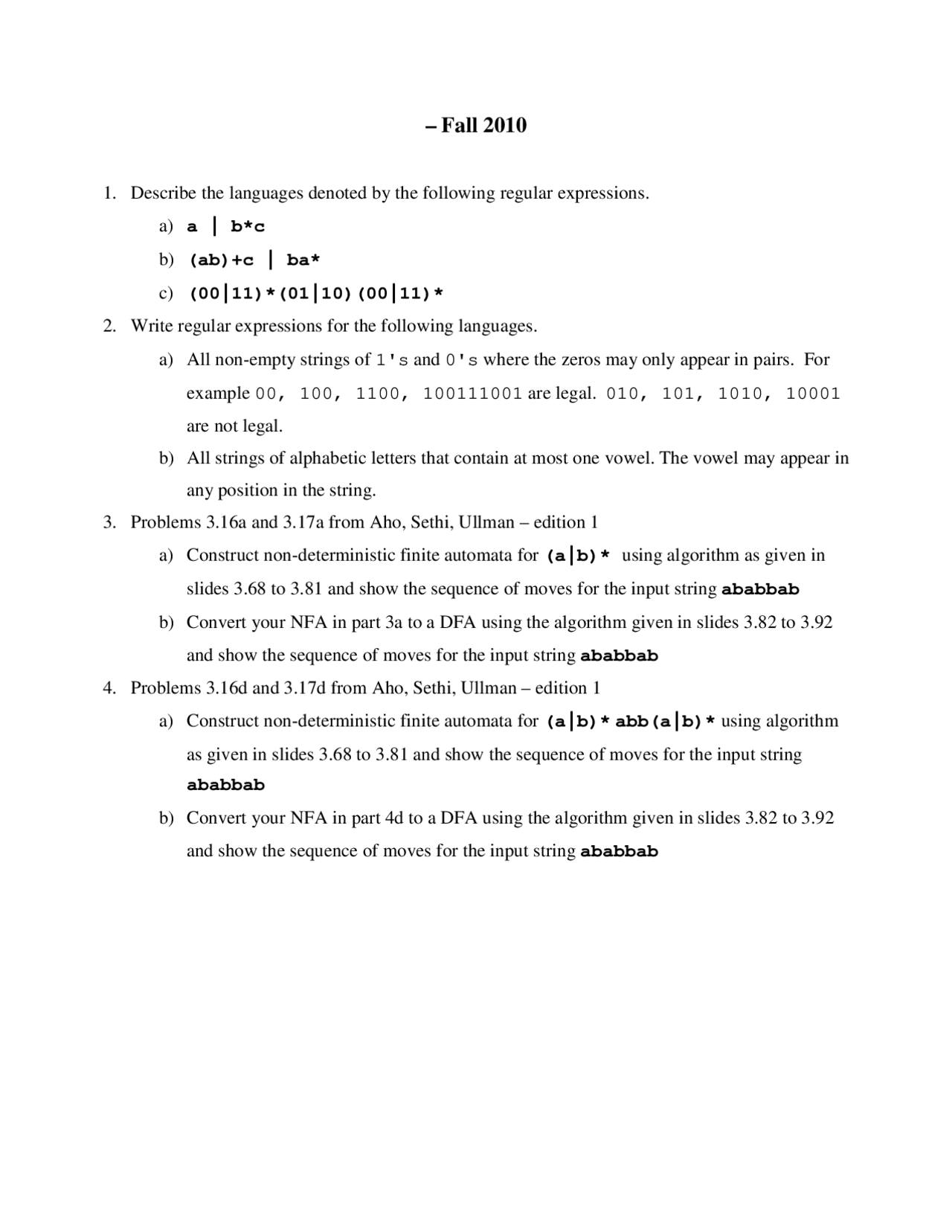 Regular Expressions Programming Language Translation Quiz Docsity