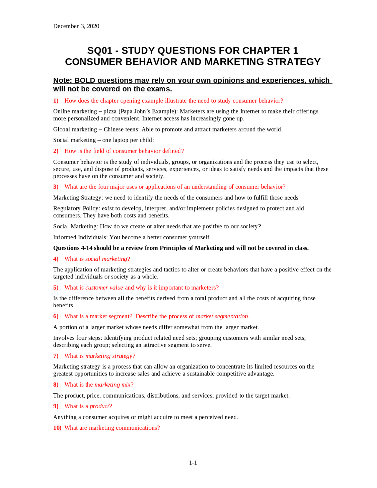 Study Questions for Consumer Behavior and Marketing Strategy | MKT 3350 ...